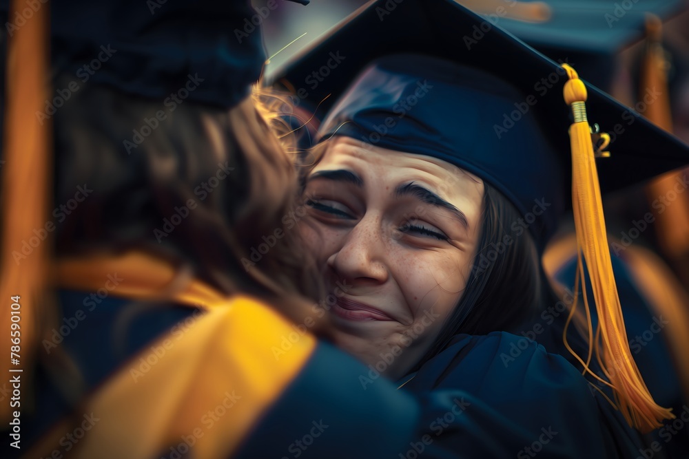 Two students in graduation gowns celebrating graduation. The graduates ...