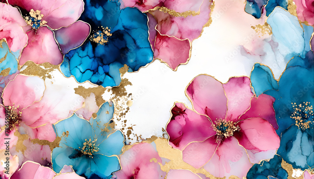 elegant pink and blue flowers alcohol ink background with gold glitter ...