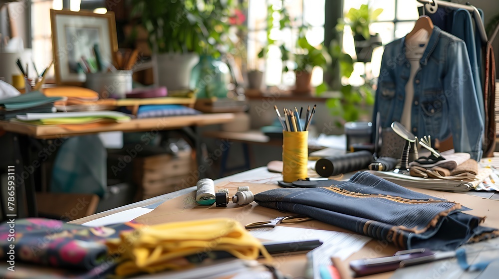 Fashion designer working studio with sewing items and materials on ...