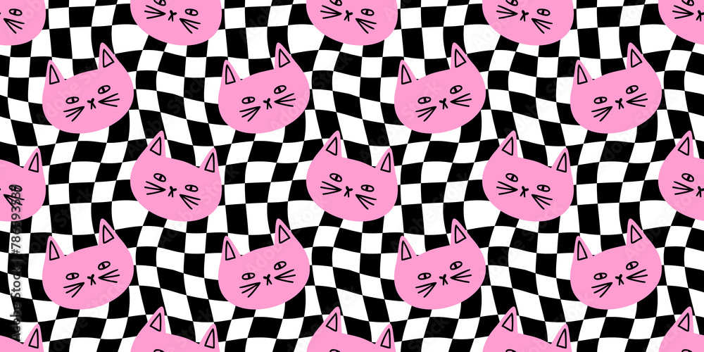 Funny cat animal cartoon seamless pattern. Retro checkered pet ...
