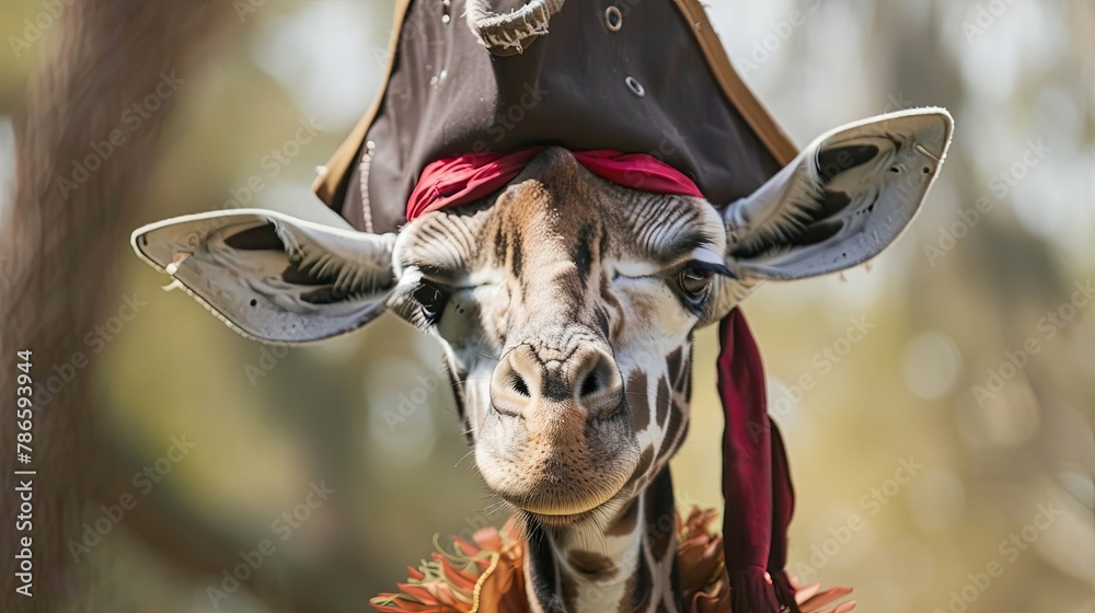 Giraffe in a pirate costume. Mascot, wild animal, zoo, closeup, animal ...