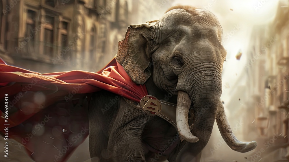 Elephant in a superhero costume, cloak. Mascot, wild animal, surrealism ...