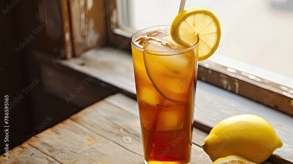 Tall glass of iced tea spiked with vodka and garnished with lemon ...