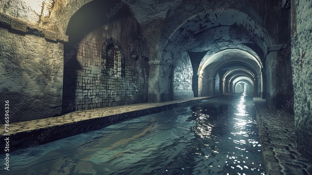 Mysterious underground river flowing through depths of old castle ...