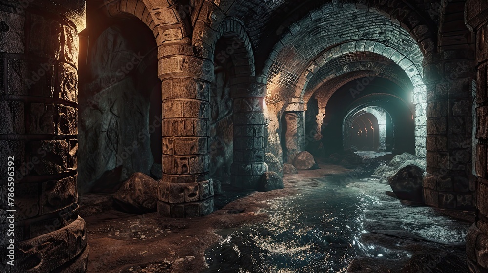 Mysterious underground river flowing through depths of old castle ...