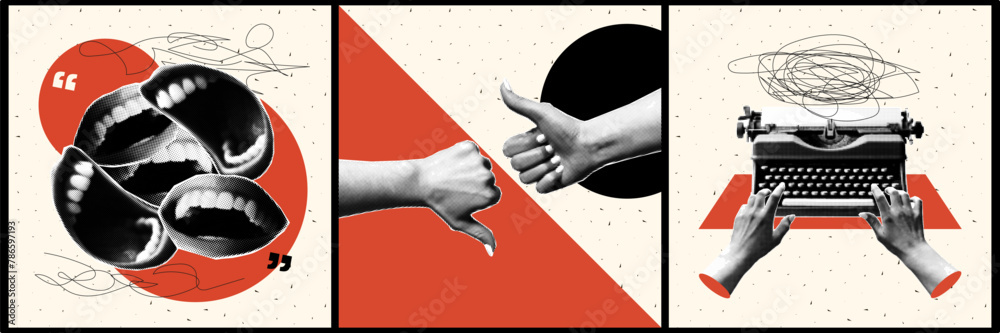 A set of posters in trendy halftone collage style. Contemporary ...