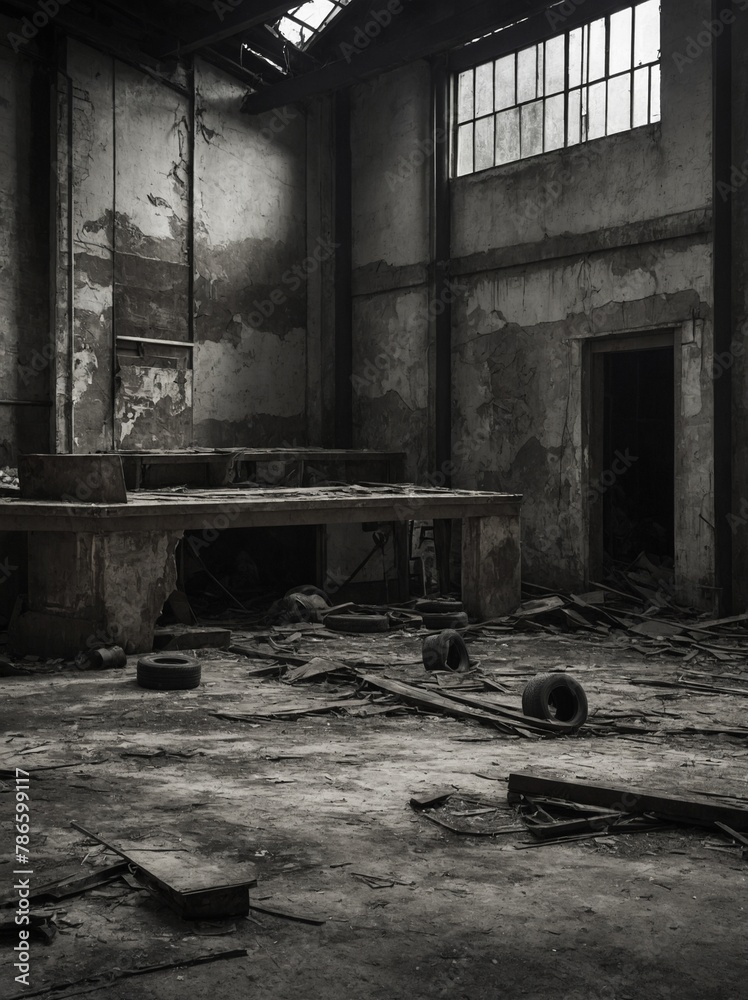 Desolate, abandoned room with peeling paint, debris scattered across floor captures haunting ...