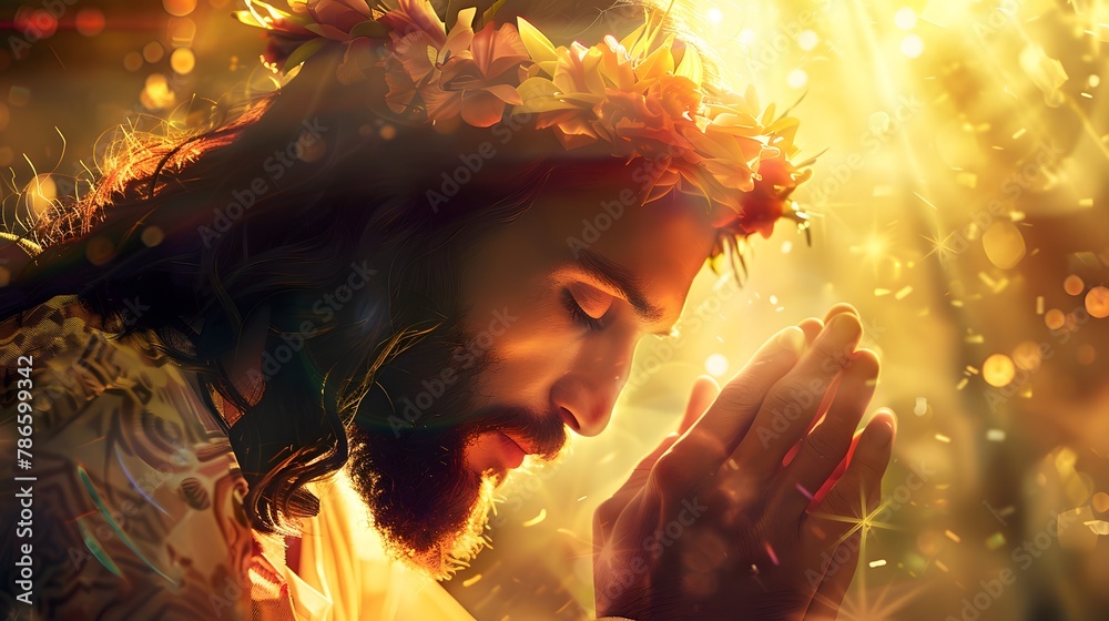 jesus with a floral wreath on his head and blessing hands in holy rays ...