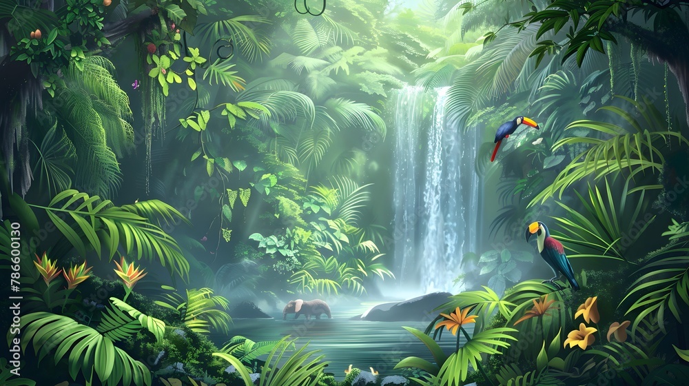Jungle wallpaper with animals, trees and tropical plant. jungle scene ...