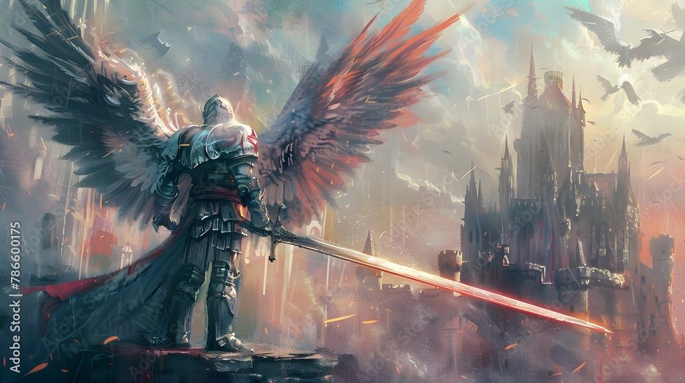 knight warrior angel with massive wings, medieval sword and with castle ...