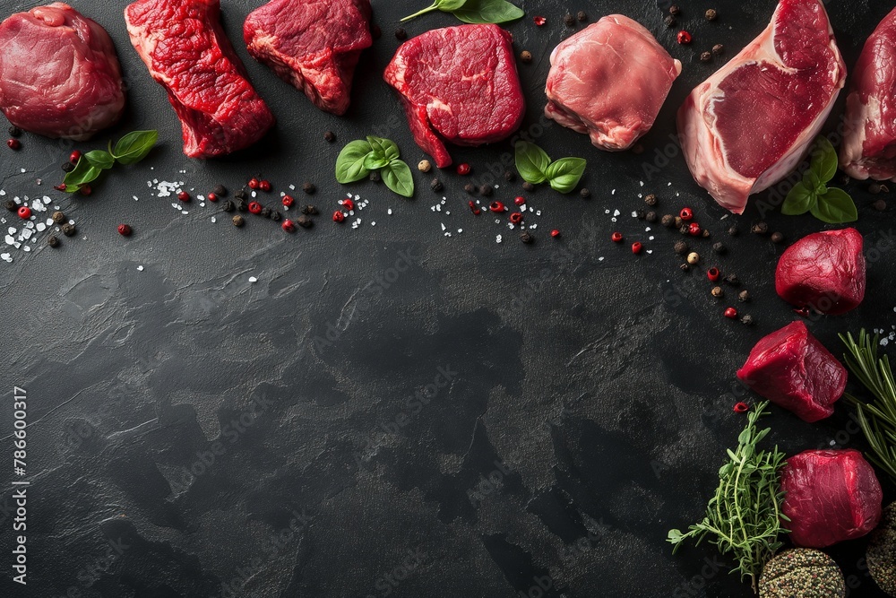 Different types of raw beef on the black chalkboard, different types of ...