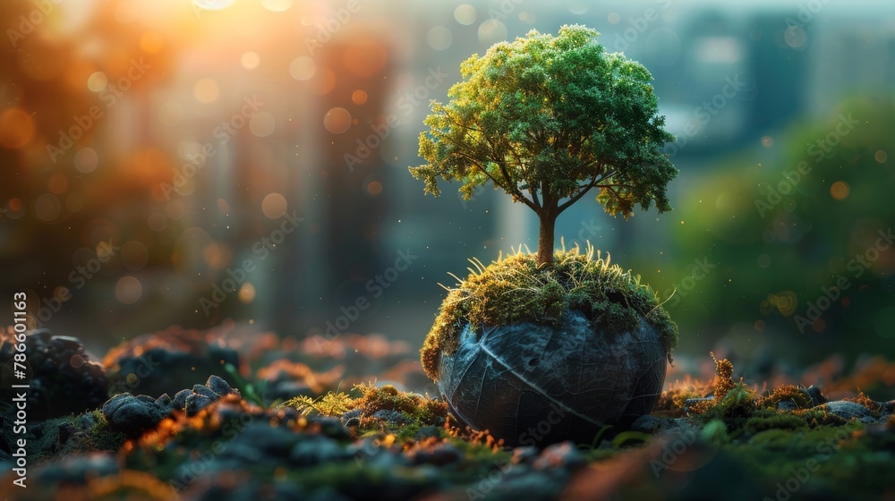 Environment. A young tree growing out of the ground against a ...