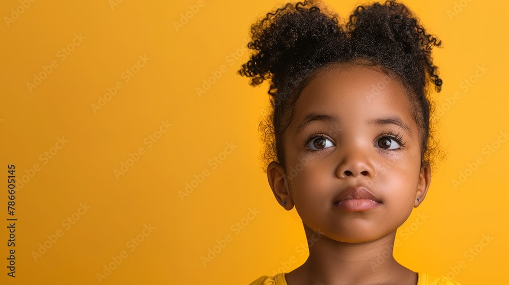 cute black girl of five on monochrome studio bright yellow background ...
