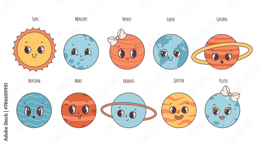 Trendy cartoon groovy planet characters in retro style 60s and 70s ...