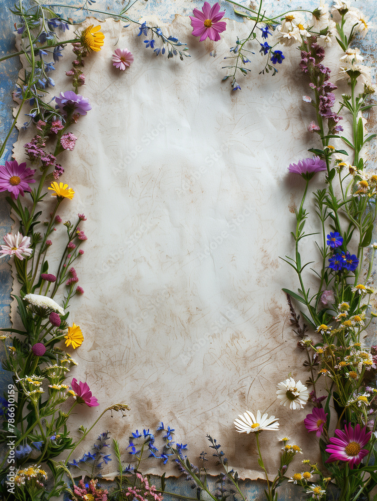 Plain white journal sheet with border of wildflowers, writing space ...