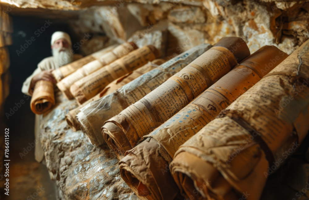 History, library and ancient paper scroll on stone for information ...