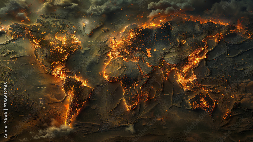 Photorealistic World Map with a Dramatic Shot of the World on Fire ...