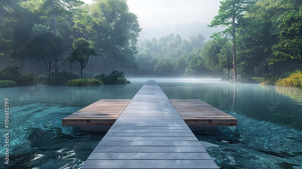 Suspended concrete walkway over water with beautiful forest landscape ...