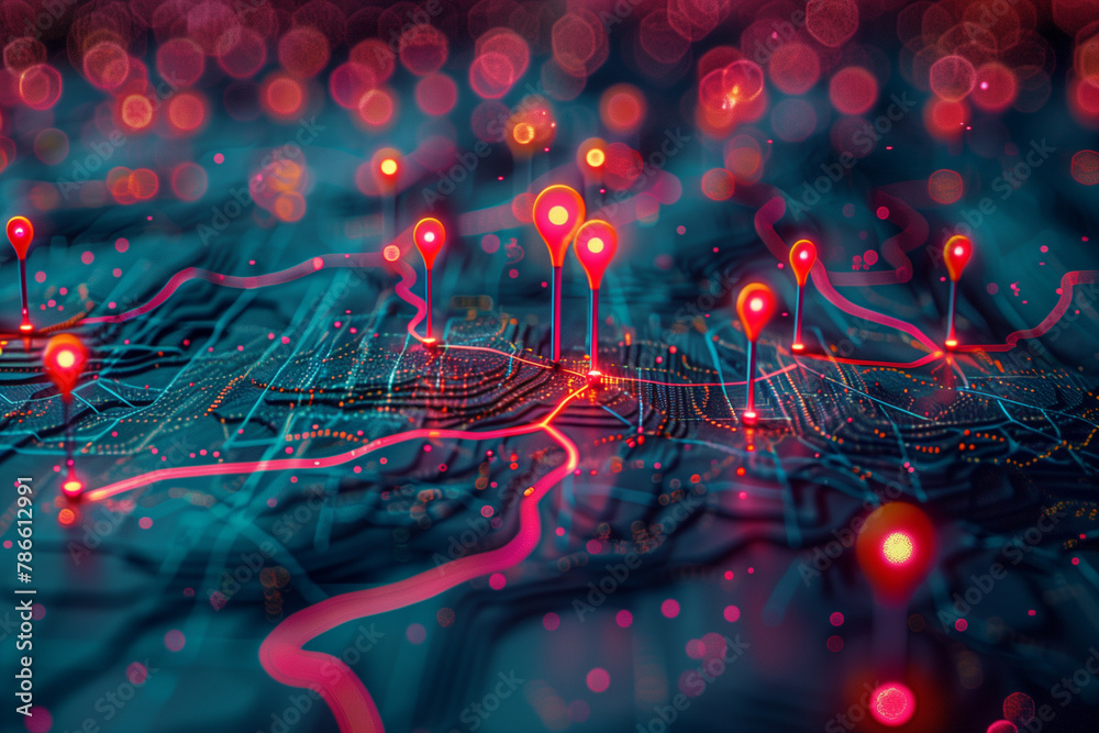 Wires on the World Map with Pins Stock Illustration | Adobe Stock