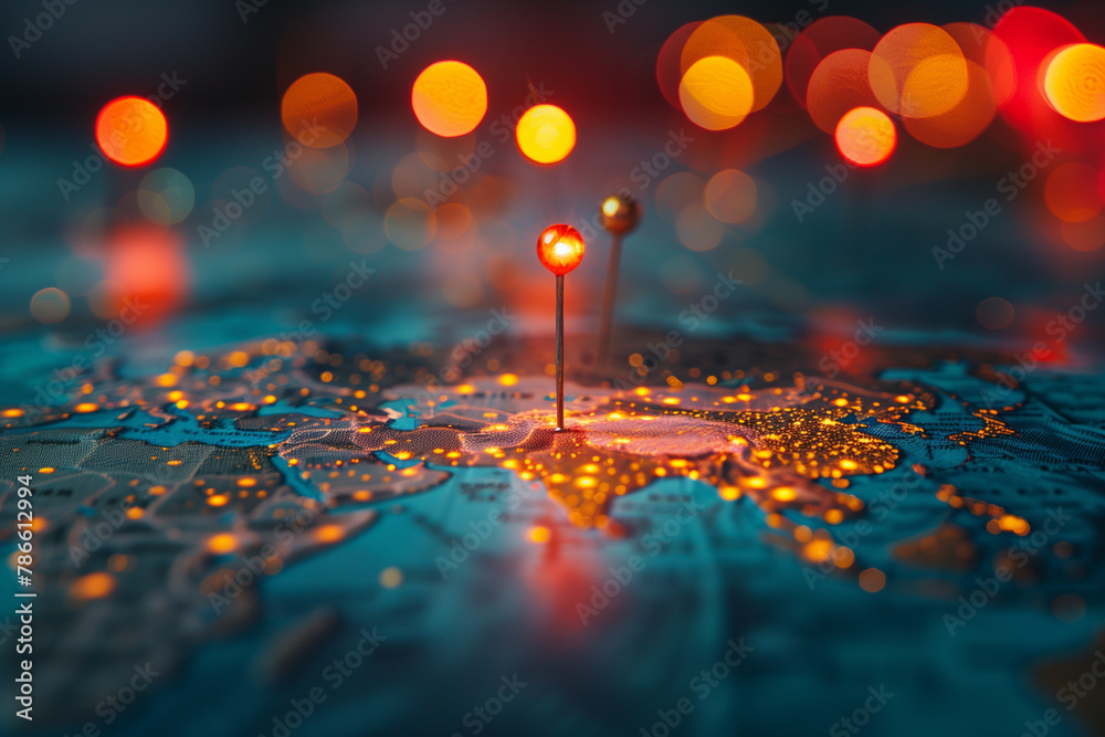 Wires on the World Map with Pins Stock Illustration | Adobe Stock