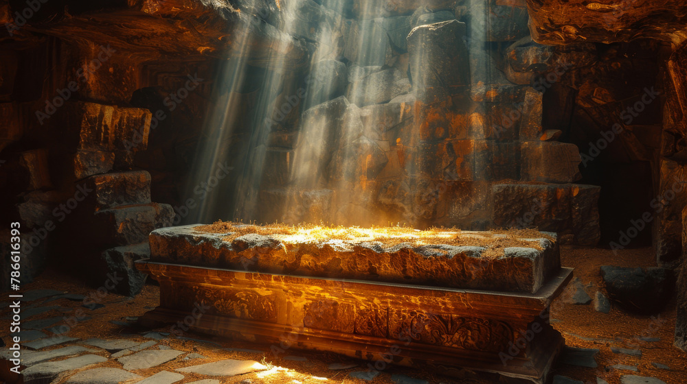 Art, illustration or empty tomb of Jesus Christ for Christianity, faith ...