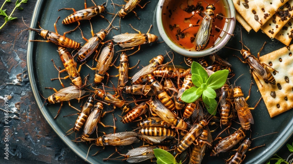 Gourmet Crackers with Edible Insects. A luxurious spread of crackers ...