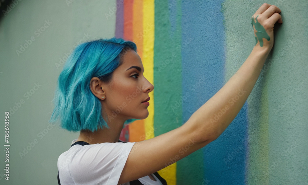 Young queer woman with blue hair paint a wall on a city street in a ...