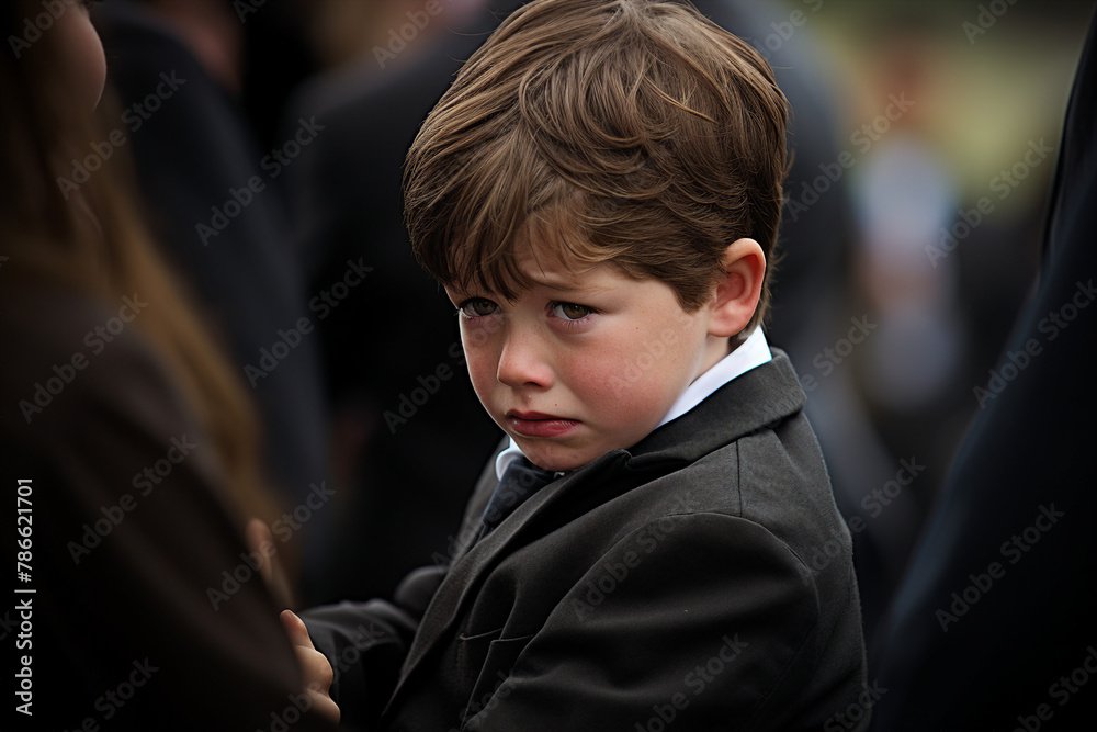 AI generative image scene of sad crying little boy at funeral ceremony ...