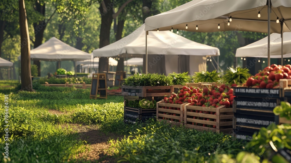 a white canopy tent, with crates of fresh strawberries, surrounded by ...