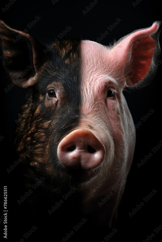 Portrait of a black and pink pig gazing forward with intelligent eyes ...
