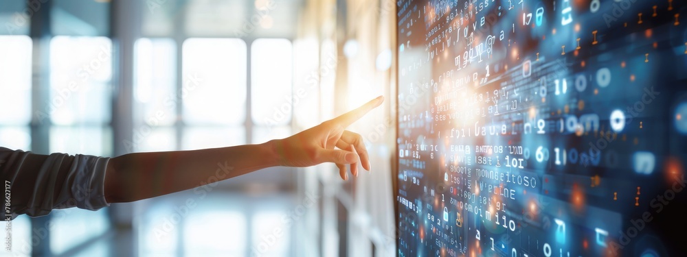 Digital transformation concept. System engineering. Binary code. Programming. a person touching ...