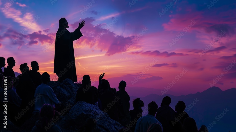 Poster, Foto Silhouette of jesus preaching sermon on mountain top in ...