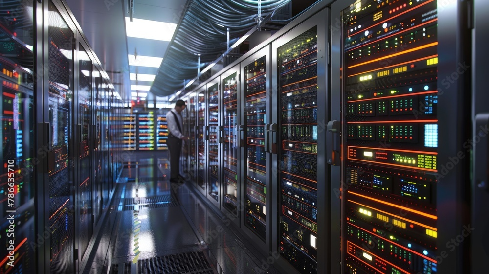 Interior of a modern data center server room with racks of servers and ...