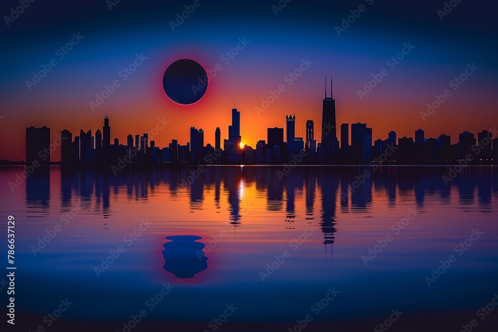 a solar eclipse in the sky over Chicago skyline, silhouette of ...