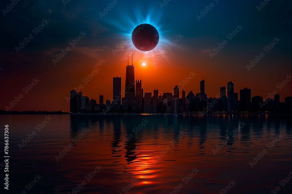 a solar eclipse in the sky over Chicago skyline, silhouette of ...