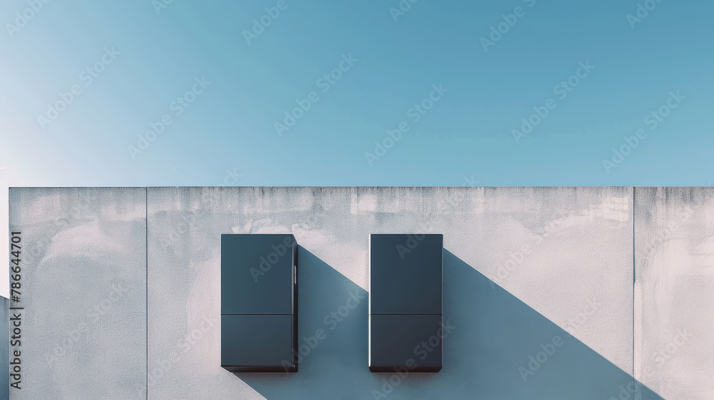 Minimalist energy storage on house side, under clear blue sky. Energy ...
