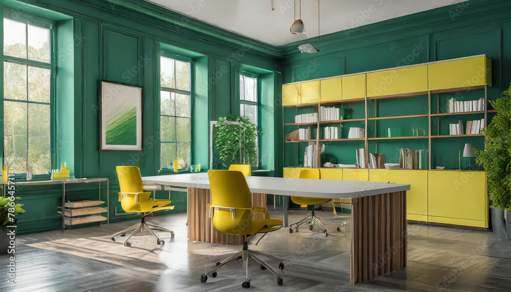Workplace in bright deep green color. Emerald walls and furniture ...