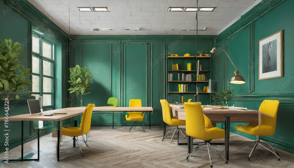 Workplace in bright deep green color. Emerald walls and furniture ...