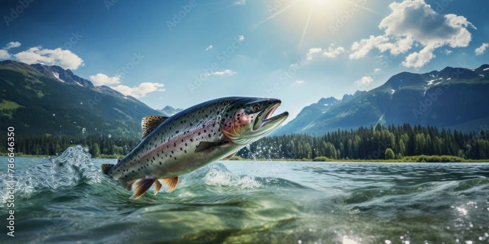 A huge salmon or trout jumps out of the crystal clear lake water with ...