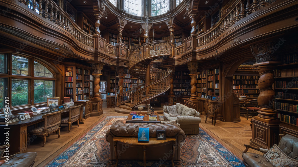 Inside a Multi-Story Library of Antique Collections Stock Illustration ...