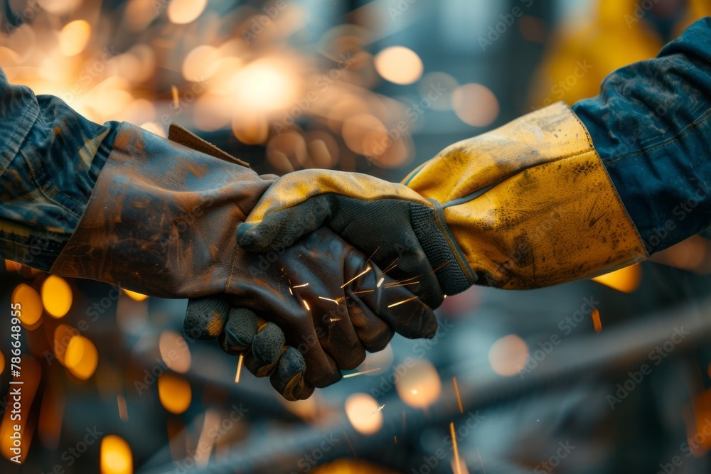 Two construction workers shaking hands with sparks flying, closeup shot ...