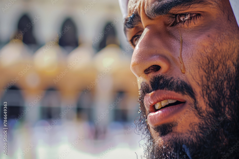 Devout Muslim Praying with Tears in Mecca During Ramadan. Generative AI ...