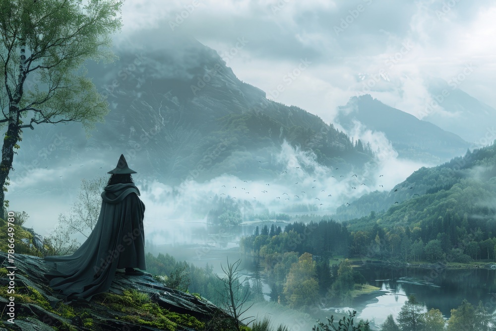 Wizard in medieval era forest with mountain and fog, fantasy and ...