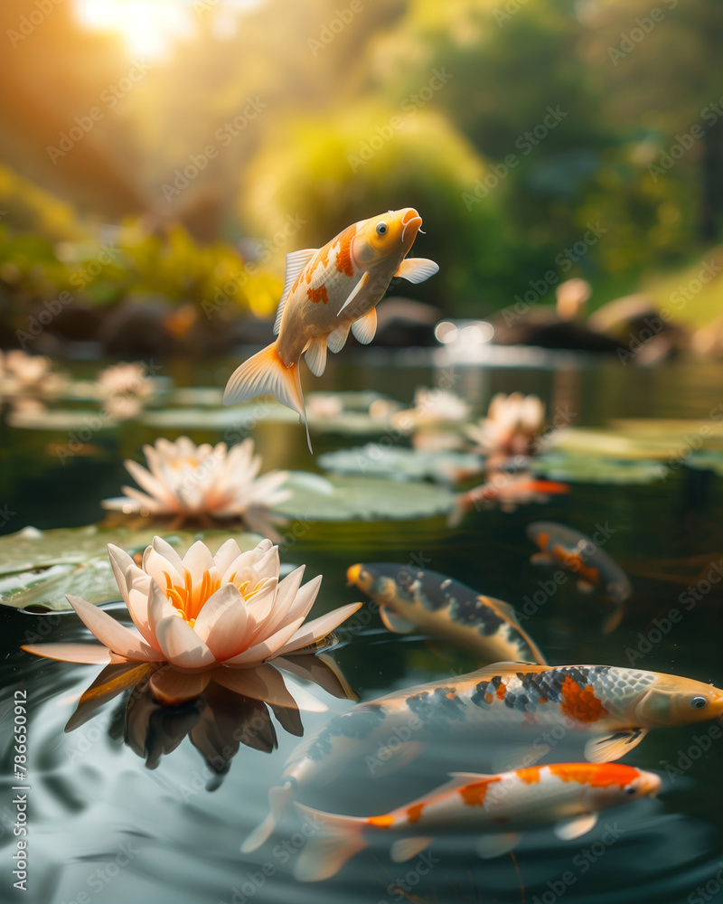 Colorful fancy koi fish swimming in a pond with floating lotus flowers ...