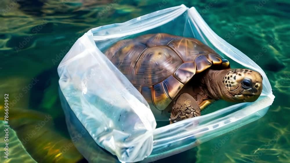 Sea turtle encountering a plastic bag in the ocean. Marine life ...