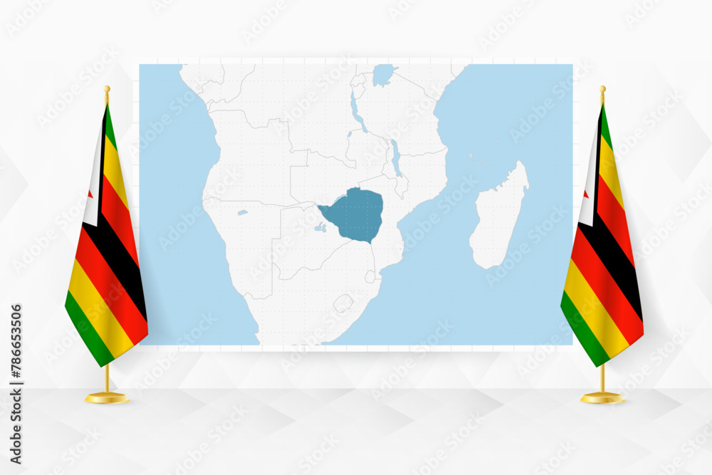 Poster Map of Zimbabwe and flags of Zimbabwe on flag stand. – Wall Art ...