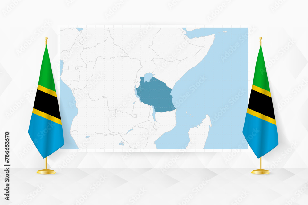 Map of Tanzania and flags of Tanzania on flag stand. Stock Vector ...