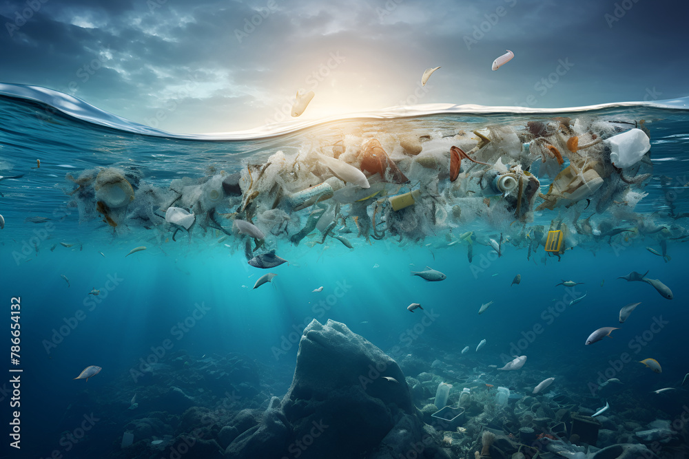 An underwater scene shows plastic pollution littering the ocean floor ...
