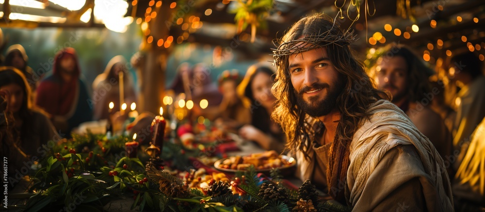 Jesus Christ celebrates Christmas at a large outdoor banquet Stock ...