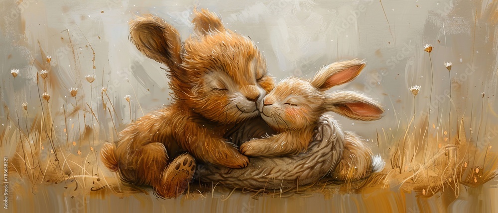 Cartoon illustration of a bear and hare hugging in a blanket, good for ...